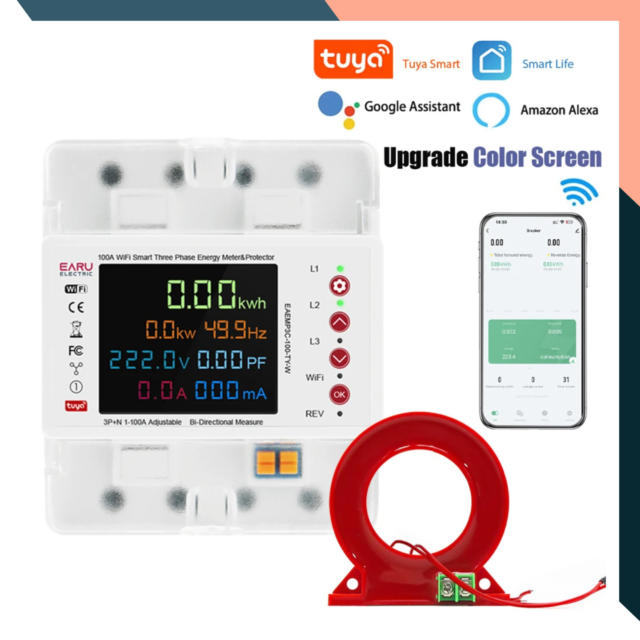3 Phase WiFi Smart Energy Meter kWh + Voltage Protector & Relay Tuya ...