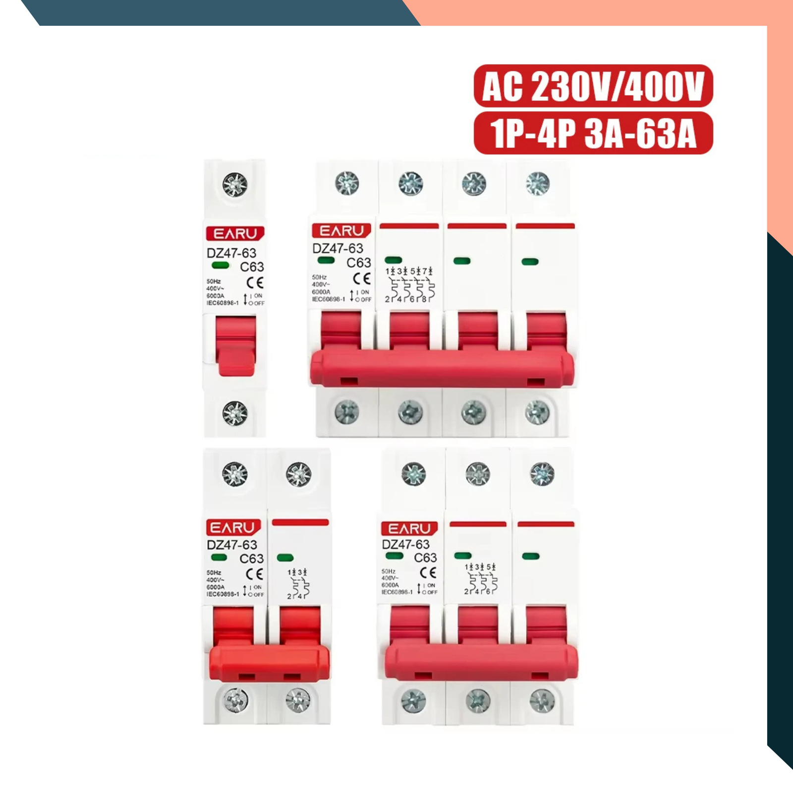 Mini Circuit Breaker 1P 2P 3P 4P C-Type 3A–63A MCB AC 230V 400V 6kA ...
